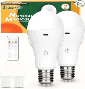 neporal magicglow rechargeable light bulbs with remote, 3 colors shift + dimmable battery powered light bulbs, usb rechargeable, a19 standard emergency led light bulbs, 15w, up to 24 hours, 2 pack