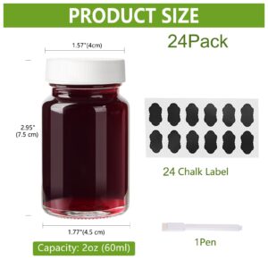 BPFY 24 Pack 2 oz Reusable Small Glass Bottles with Lids, Wellness Shots Bottles for Juicing, Ginger, Mini Glass Jars with Caps, Label, Pen