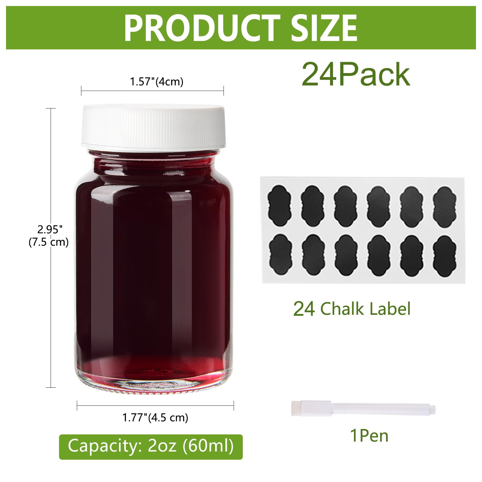 BPFY 24 Pack 2 oz Reusable Small Glass Bottles with Lids, Wellness Shots Bottles for Juicing, Ginger, Mini Glass Jars with Caps, Label, Pen