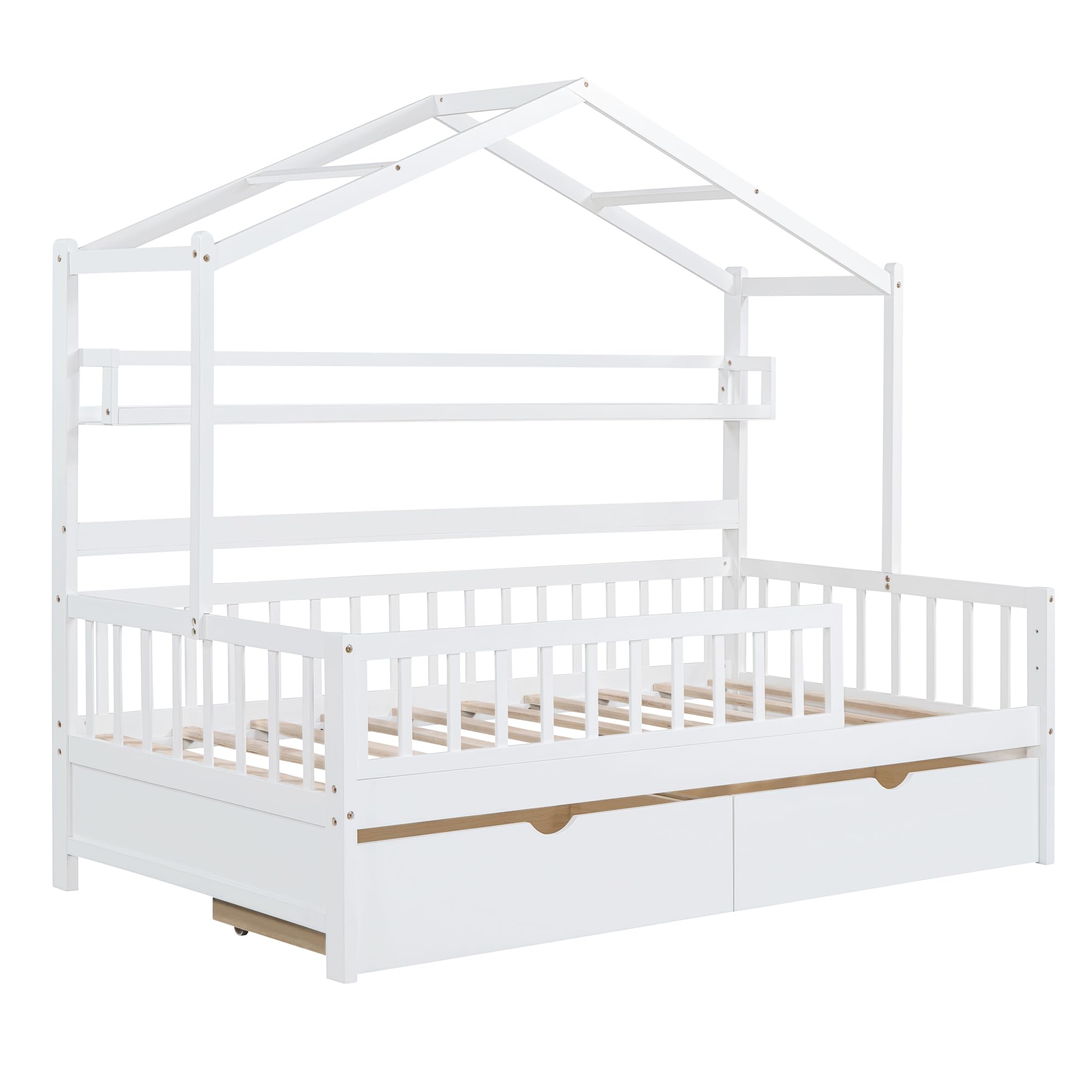 Bellemave Wooden Twin Size House Bed with 2 Drawers,Kids Twin Playhouse Platform Bed Frame with Storage Shelves,Montessori Bed for Kids Teens Girls & Boys (White)