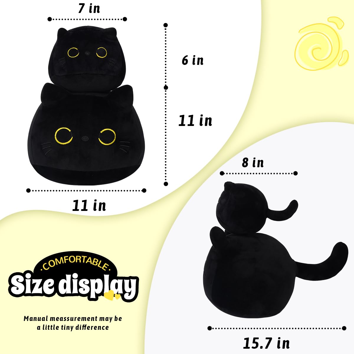 Alayger Black Cat Plush Pillow 7" Black Kitten Stuffed Animals, Soft Kawaii Plushies Hugging Cat Plush Toy for Kids