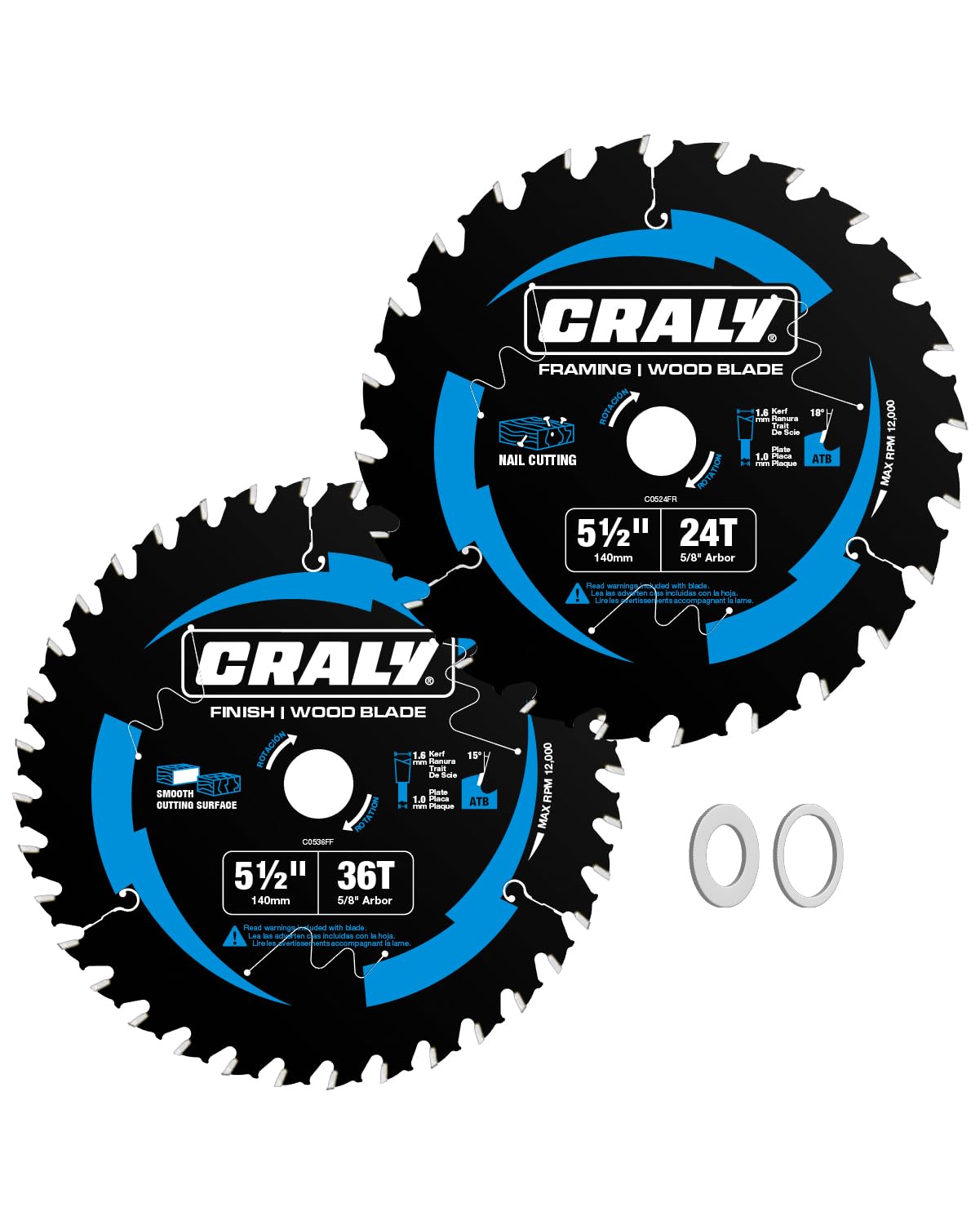 CRALY 5-1/2 Inch 24&36 Teeth Wood Cutting Framing/Fine Finish Circular Saw Blade, 5/8 Inch Arbor, Carbide Tipped, Thin Kerf, Black Ice Coating, for Plywood, MDF, OSB, Laminated, 2-Pack(C052436-2)