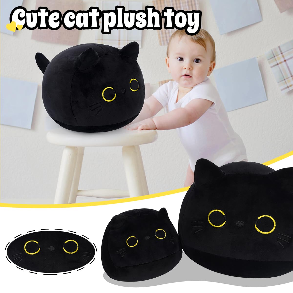 Alayger Black Cat Plush Pillow 7" Black Kitten Stuffed Animals, Soft Kawaii Plushies Hugging Cat Plush Toy for Kids