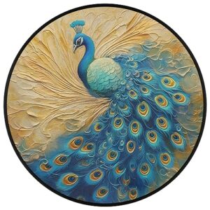 Peacock Pattern Round Area Rug, Animal Painted Non-Slip Circle Rug for Bedroom Living Room Outdoor Study Playing Floor Mat Carpet, 3' Diameter