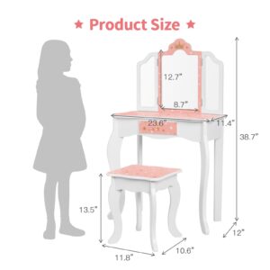 OOOK Kids Vanity Set, Girls Makeup Vanity Table and Chair Set, Premium Toddler Vanity Set with Detachable Tri-fold Mirror, Stool and Large Storage Drawer.