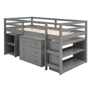 Harper & Bright Designs Twin Size Low Loft Bed with Desk and Storage Cabinet, Wooden Low Study Loft Bed with Drawers, for Kids Teens Girls Boys - Gray