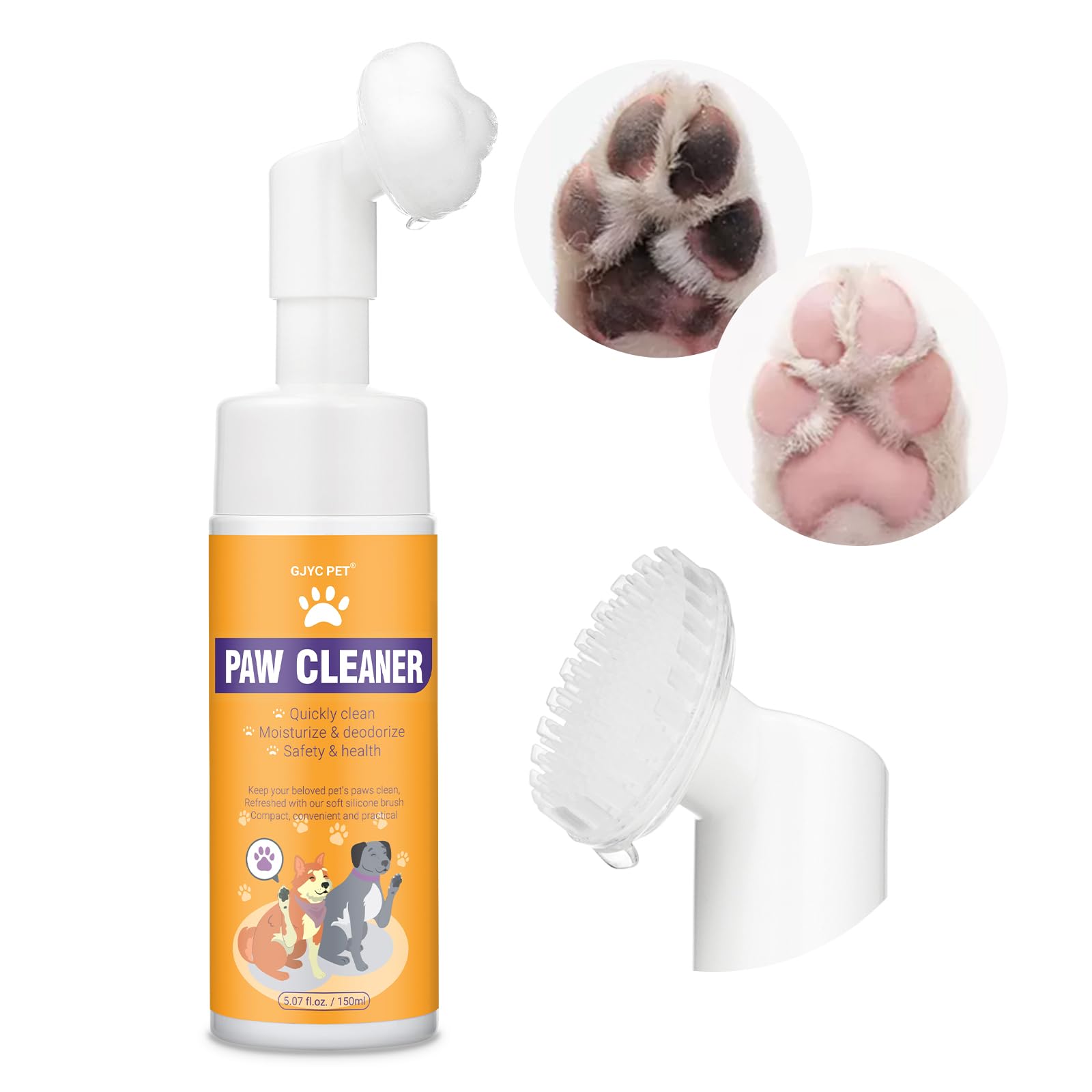 GJYC PET Paw Cleaner for Dogs and Cats,Magic Foam - Clean Paws No-Rinse Foaming Cleanser-Dry Shampoo, Foot Cleaner Brush - with Rose Extract, Odor Control Wash - Good for Puppy