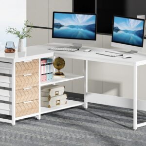 Tribesigns L Shaped Computer Desk with Storage Drawers, 59 inch Corner Desk with Shelves, Reversible L-Shaped Office Desk Study Writing Table Workstation for Home Office, White