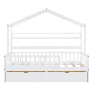 Bellemave Wooden Twin Size House Bed with 2 Drawers,Kids Twin Playhouse Platform Bed Frame with Storage Shelves,Montessori Bed for Kids Teens Girls & Boys (White)