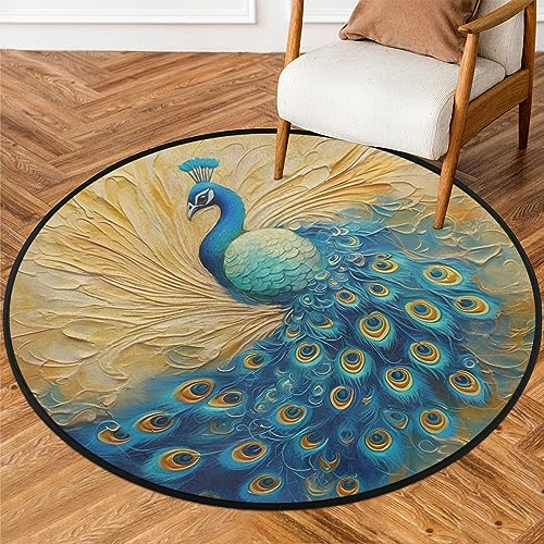 Peacock Pattern Round Area Rug, Animal Painted Non-Slip Circle Rug for Bedroom Living Room Outdoor Study Playing Floor Mat Carpet, 3' Diameter