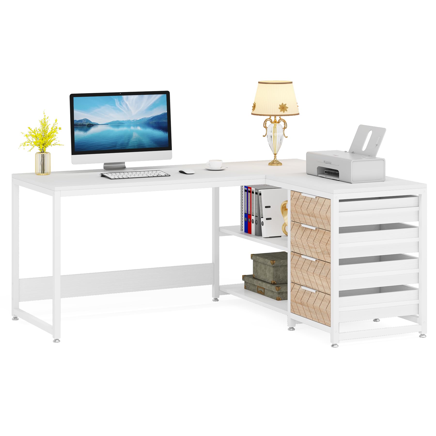 Tribesigns L Shaped Computer Desk with Storage Drawers, 59 inch Corner Desk with Shelves, Reversible L-Shaped Office Desk Study Writing Table Workstation for Home Office, White