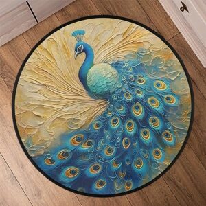 Peacock Pattern Round Area Rug, Animal Painted Non-Slip Circle Rug for Bedroom Living Room Outdoor Study Playing Floor Mat Carpet, 3' Diameter