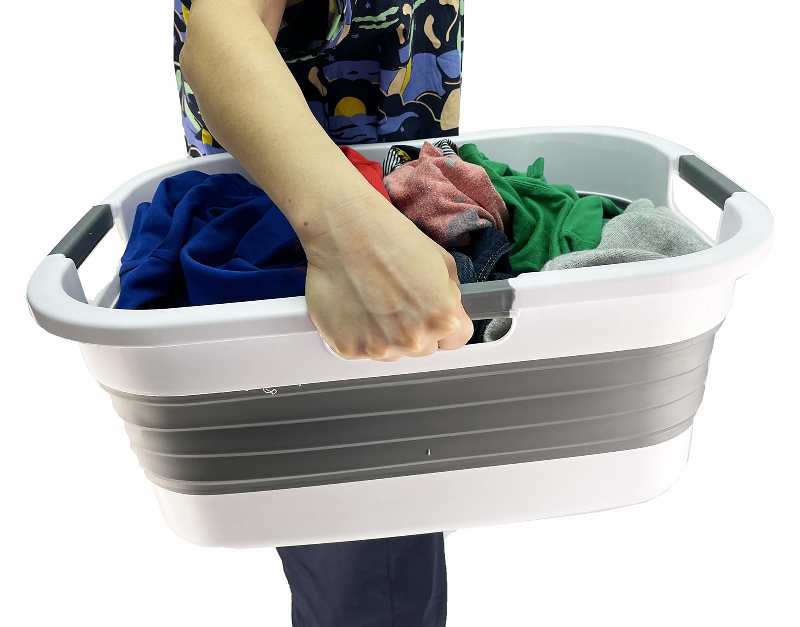 SAMMART 30L (7.9 gallon) Collapsible Plastic Laundry Basket - Foldable Pop Up Storage Container/Organizer - Portable Washing Tub - Space Saving Hamper/Basket (2, White/Steel Grey)