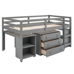 Harper & Bright Designs Twin Size Low Loft Bed with Desk and Storage Cabinet, Wooden Low Study Loft Bed with Drawers, for Kids Teens Girls Boys - Gray