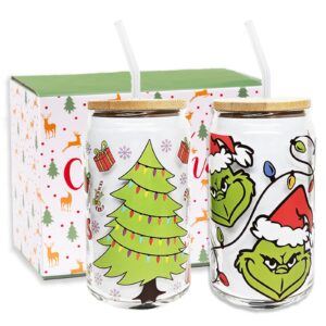 wodoholo christmas cups 16oz christmas coffee can glass with lid and straw xmas grin-ch tree tumbler drinking glasses coffee cups decor glass water bottles gift for women kids men