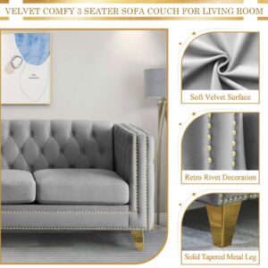 Velvet 3 Seater Sofa Couch, Comfy Couches for Living Room, Modern Sofa with Tufted Back and Rivet Decoration, Upholstered Long Couch with Solid Golden Metal Tapered Legs, Grey