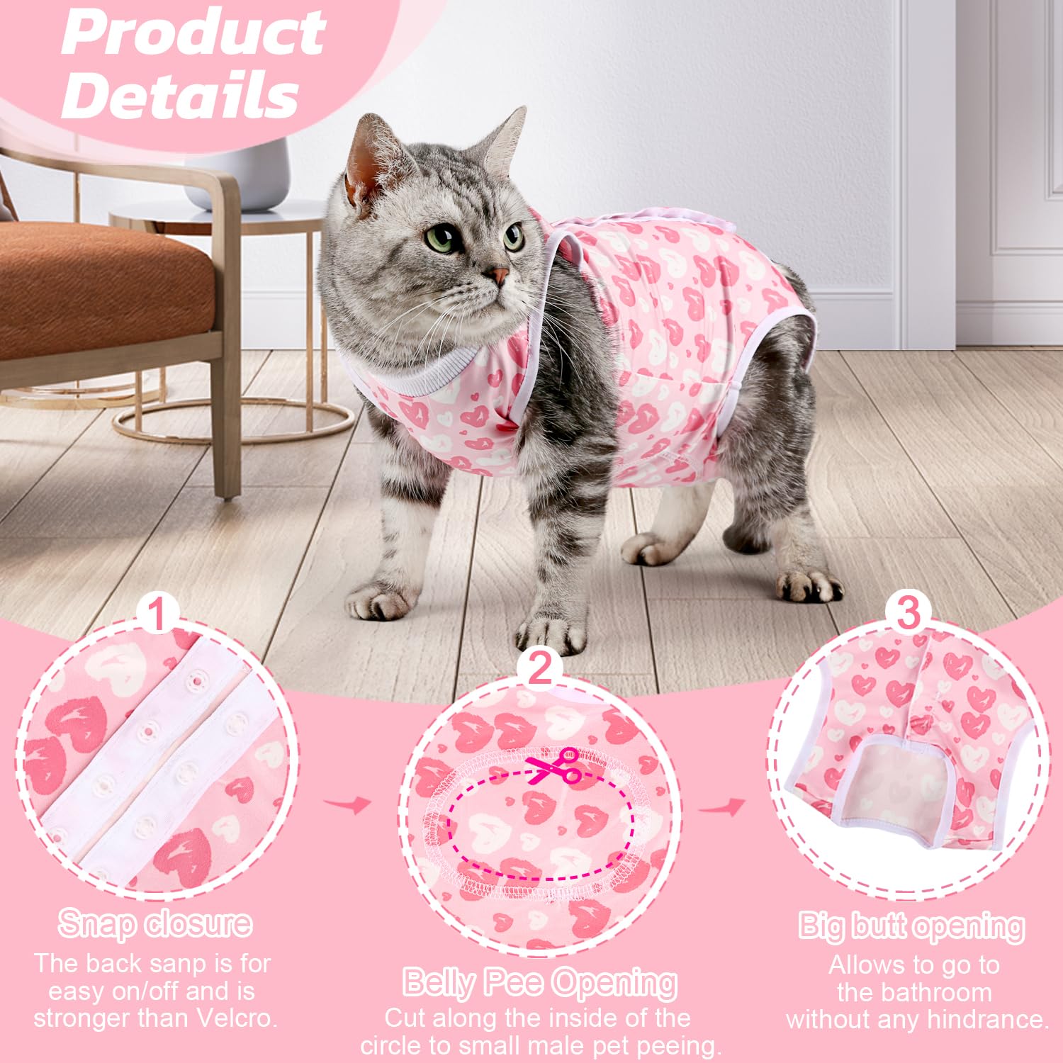 Due Felice Cat Surgery Recovery Suit Small Dog Surgical Recovery Onesie Pet After Surgery Wear for Female Male Cat Doggy Pink Heart/Medium