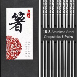 FOFAYU 5 Pairs Metal Chopsticks Reusable 18/8 stainless steel Chopsticks Japanese Style Dishwasher Safe Lightweight Non-Slip Chop Sticks 9 1/4 Inches Present Set