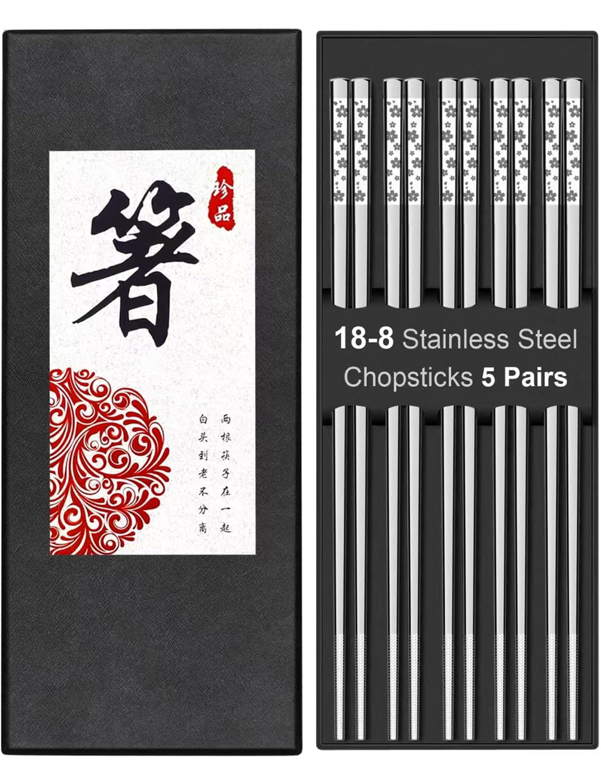 FOFAYU 5 Pairs Metal Chopsticks Reusable 18/8 stainless steel Chopsticks Japanese Style Dishwasher Safe Lightweight Non-Slip Chop Sticks 9 1/4 Inches Present Set