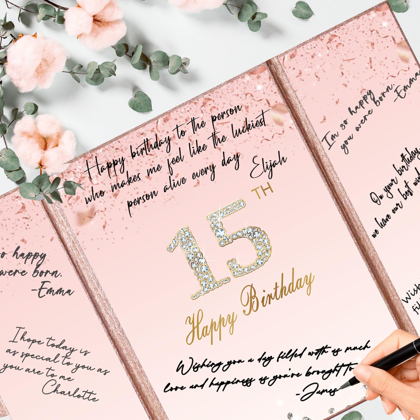 Crenics Rose Gold 15th Birthday Decorations, Creative 15th Birthday Guest Book Alternative, Large 15th Birthday Signature Book 12" x 18", Great 15 Years Old Birthday Gifts for Girls