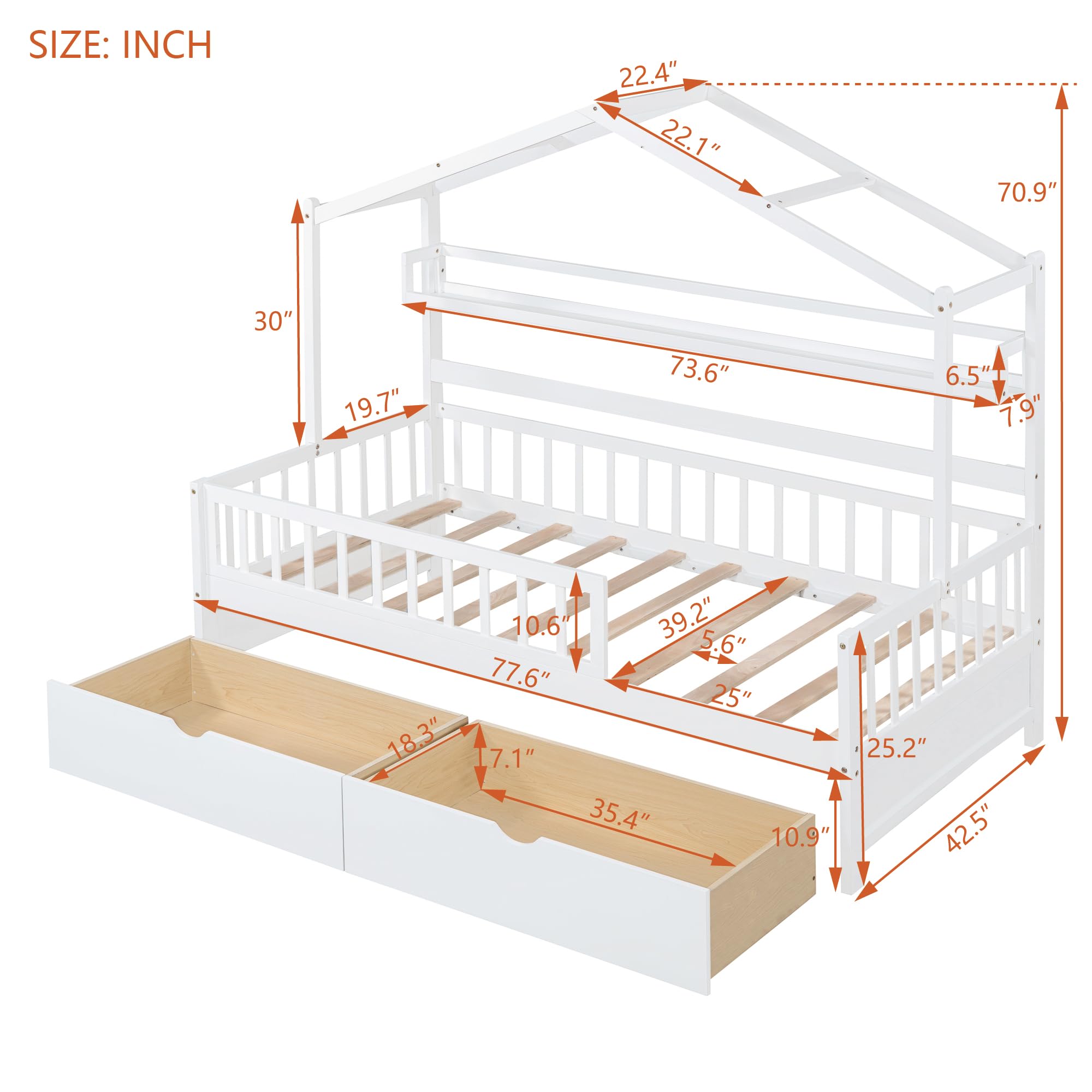 Bellemave Wooden Twin Size House Bed with 2 Drawers,Kids Twin Playhouse Platform Bed Frame with Storage Shelves,Montessori Bed for Kids Teens Girls & Boys (White)