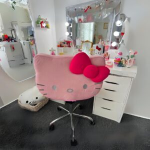 Impressions Vanity Hello Kitty Kawaii Swivel Vanity Chair for Makeup Room, Adjustable Height Cute Desk Chair with Wheels Rolling, Comfy Polyurethane Foam Back Armless Chair for Dorm (Pink)