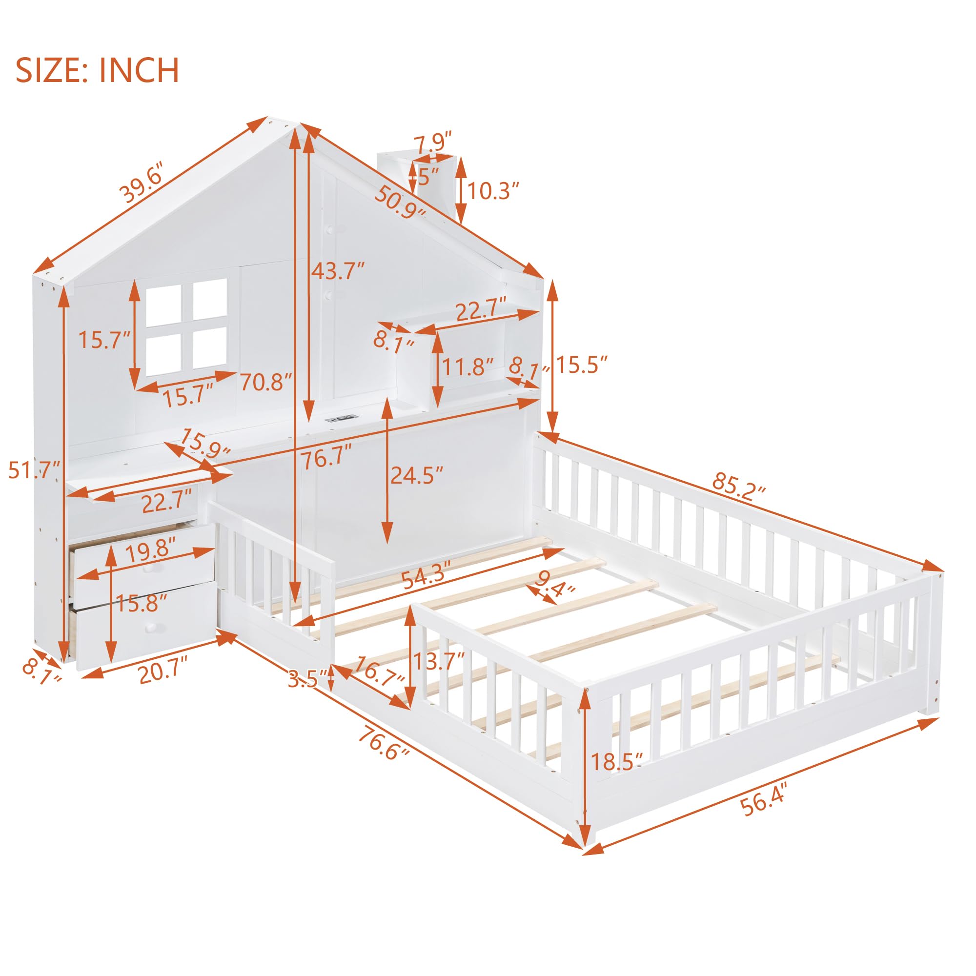 Harper & Bright Designs Full Floor Bed for Kids, Wood Montessori Floor Bed with Rails,Full House Bed with Window and Bedside Drawers,Kids Full Bed with Shelves and a Set of Sockets and USB Port,White