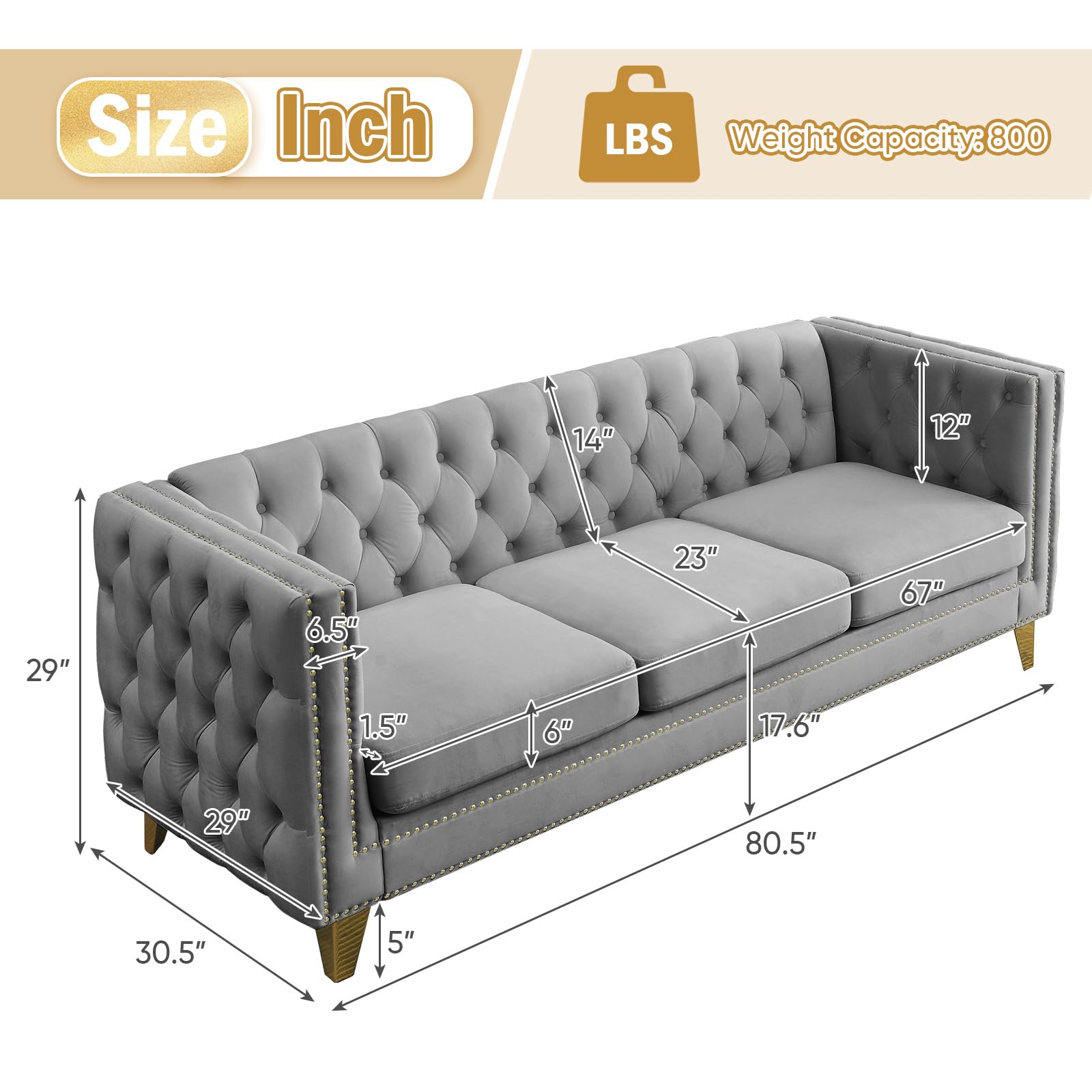 Velvet 3 Seater Sofa Couch, Comfy Couches for Living Room, Modern Sofa with Tufted Back and Rivet Decoration, Upholstered Long Couch with Solid Golden Metal Tapered Legs, Grey