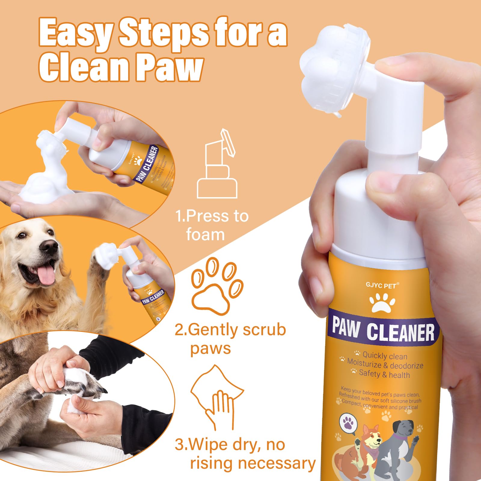 GJYC PET Paw Cleaner for Dogs and Cats,Magic Foam - Clean Paws No-Rinse Foaming Cleanser-Dry Shampoo, Foot Cleaner Brush - with Rose Extract, Odor Control Wash - Good for Puppy