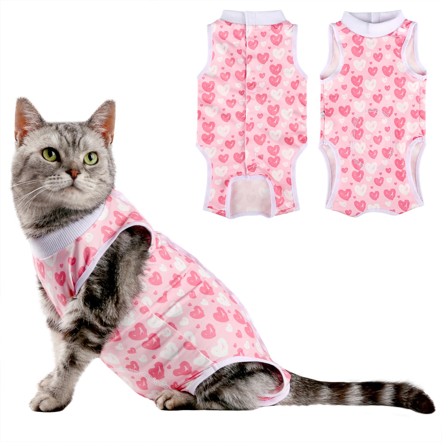 Due Felice Cat Surgery Recovery Suit Small Dog Surgical Recovery Onesie Pet After Surgery Wear for Female Male Cat Doggy Pink Heart/Medium