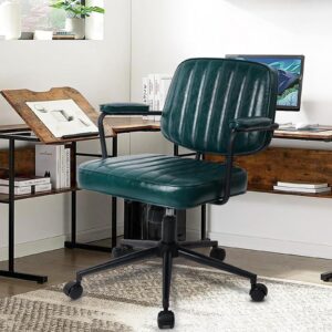 klasika mid century office chair retro leather desk chair with arms swivel vintage chair adjustable seat height & backrest for home office computer, green