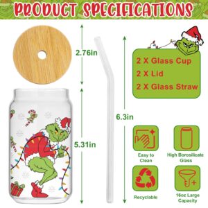 WODOHOLO Christmas Cups 16oz Christmas Coffee Can Glass with Lid and Straw Xmas Grin-ch Tree Tumbler Drinking Glasses Coffee Cups Decor Glass Water Bottles Gift for Women Kids Men