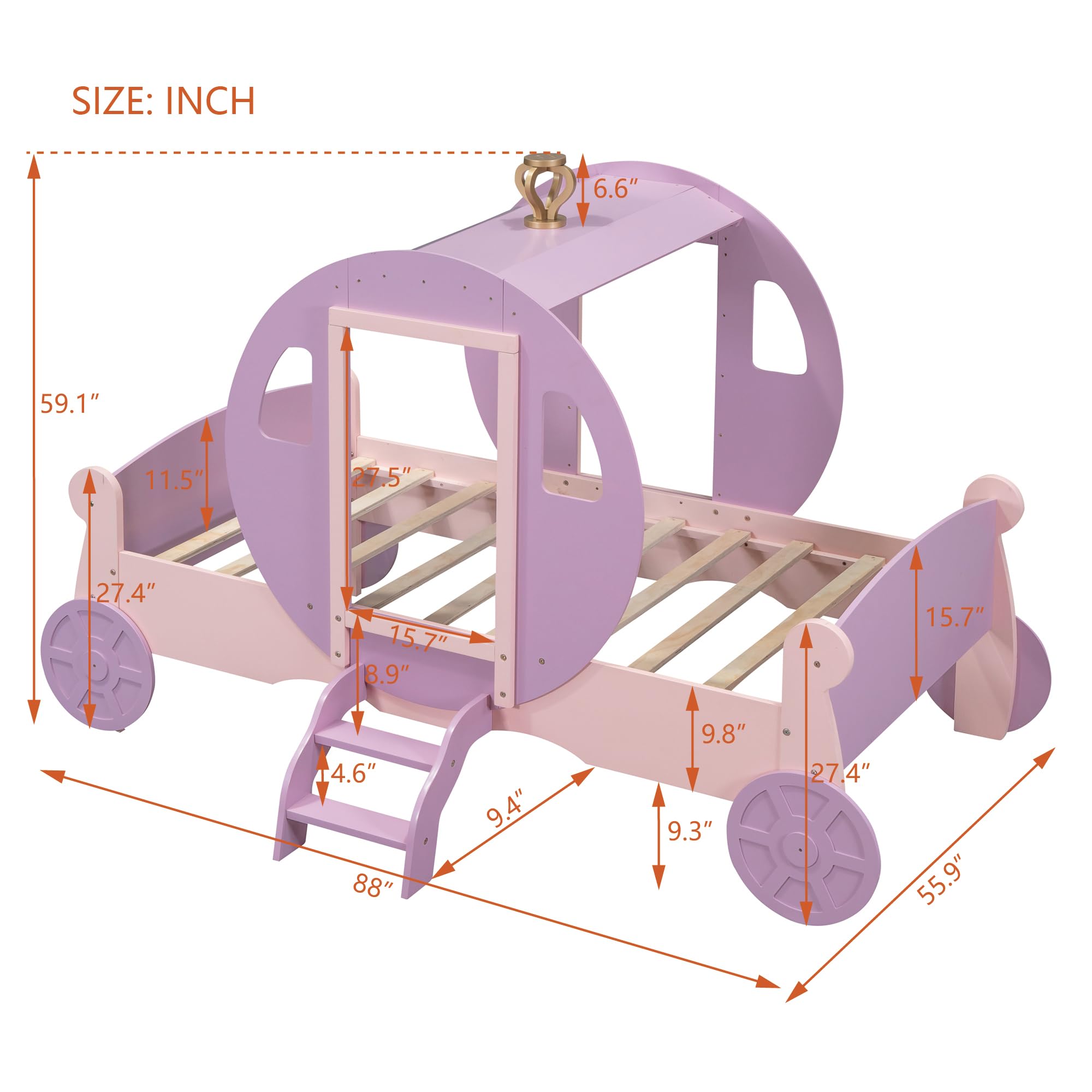 Twin Size Princess Carriage Bed Frame for Boys Girls Kids Toddler with Crown, Wood Platform Car Bed with Stair, Purple+Pink