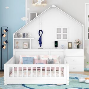 Full Size House Bed Frame for Boys Girls Kids Toddler with Window and Bedside Drawers, Platform Bed with Shelves and a Set of Sockets and USB Port, White