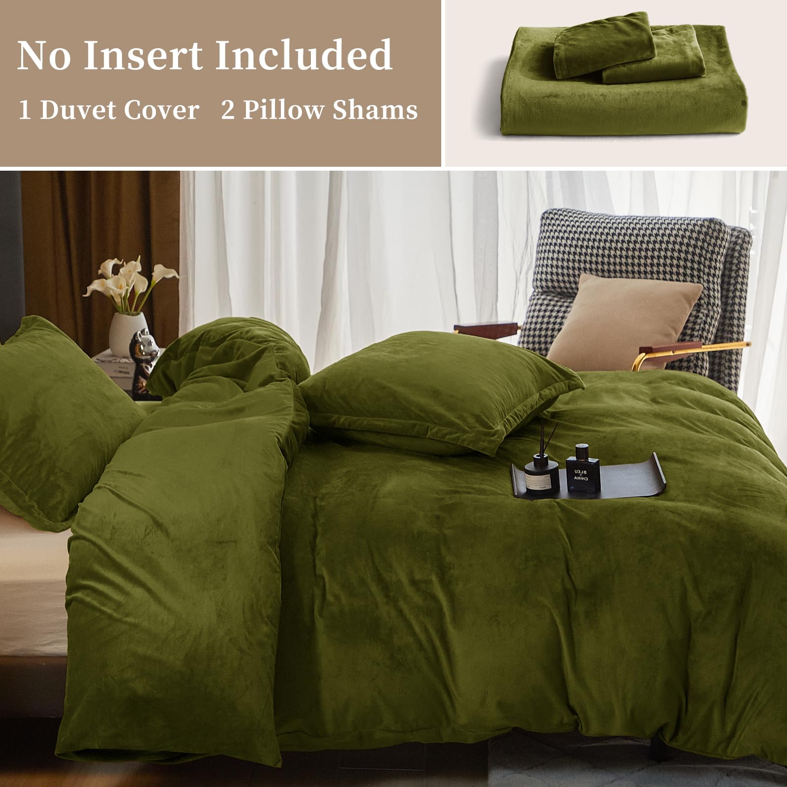 PHF Super Soft Velvet Duvet Cover King Size, 3pcs Luxurious Breathable Velour Fluffy Comforter Cover with 8 Ties, Cozy Flannel Duvet Cover with Pillow Shams, Zipper Closure, 104"x90", Olive Green