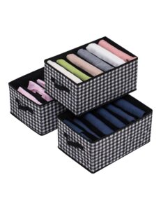 mythaus 3 pack large wardrobe clothes organizer, 6 grid closet organizer for jeans, pants, t-shirts, underwear, scarf, foldable fabric drawer organizer storage bin with dual handles, black and white