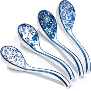 Soup Spoons Ceramic Asian Soup Spoons Sets of 4 Long Handle Japanese Soup Spoons Deep Blue Porcelain Ramen Spoons Pho Spoon (4PCS)