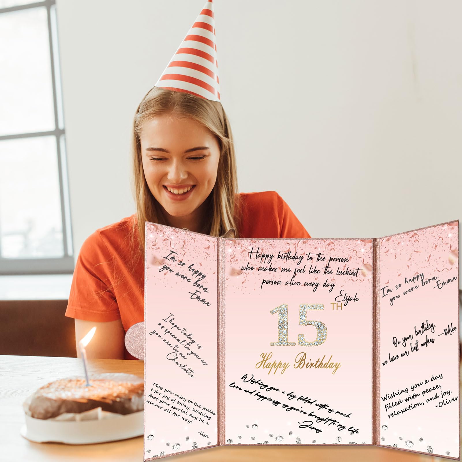 Crenics Rose Gold 15th Birthday Decorations, Creative 15th Birthday Guest Book Alternative, Large 15th Birthday Signature Book 12" x 18", Great 15 Years Old Birthday Gifts for Girls