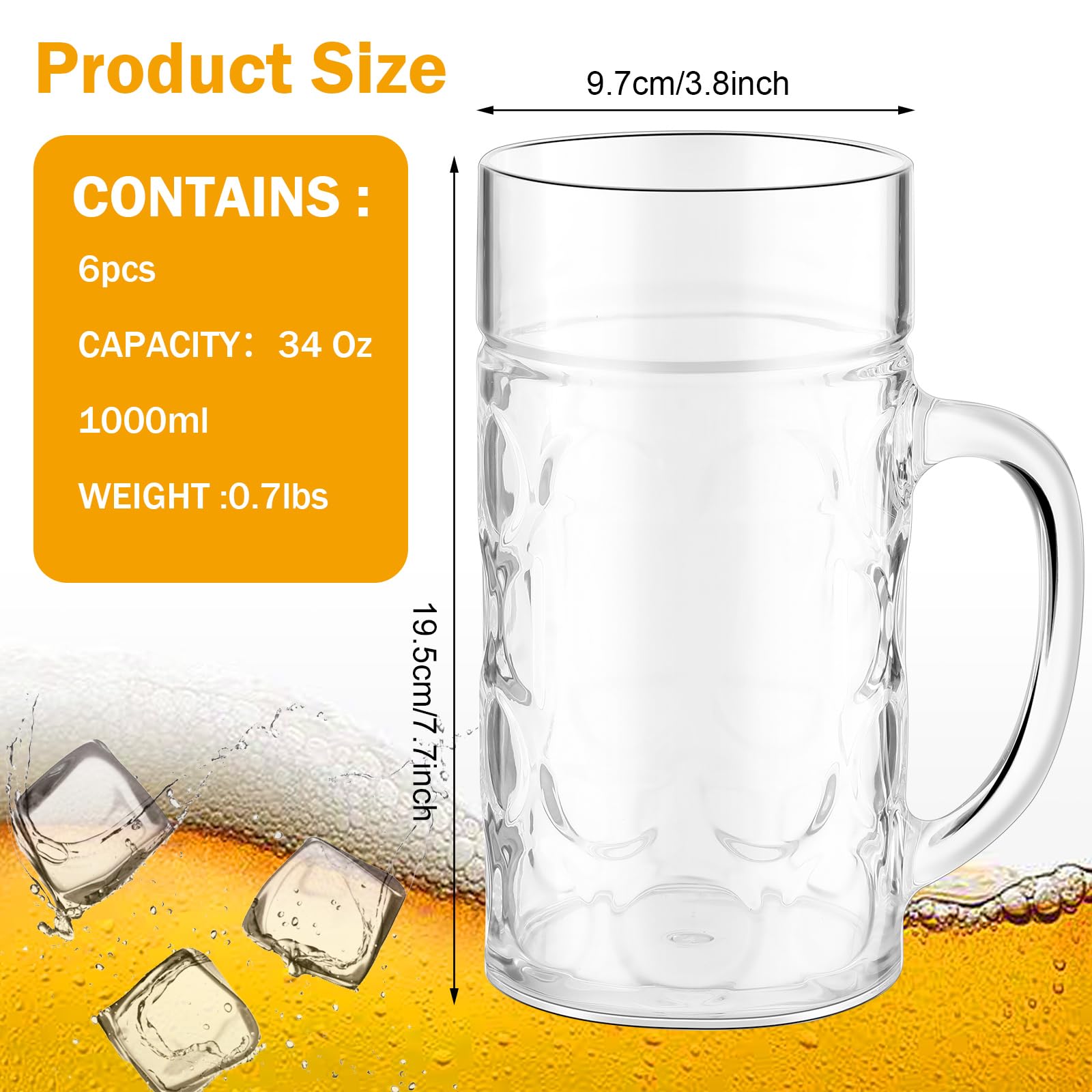 Suclain 6 Pcs Clear Plastic Beer Mugs with Handles 34 oz Large Dimpled Beer Cups Clear Plastic Beer Glasses Reusable Classic Plastic Coffee Mugs with Handles for Beer Whiskey Juice Coffee Tea Cocktail