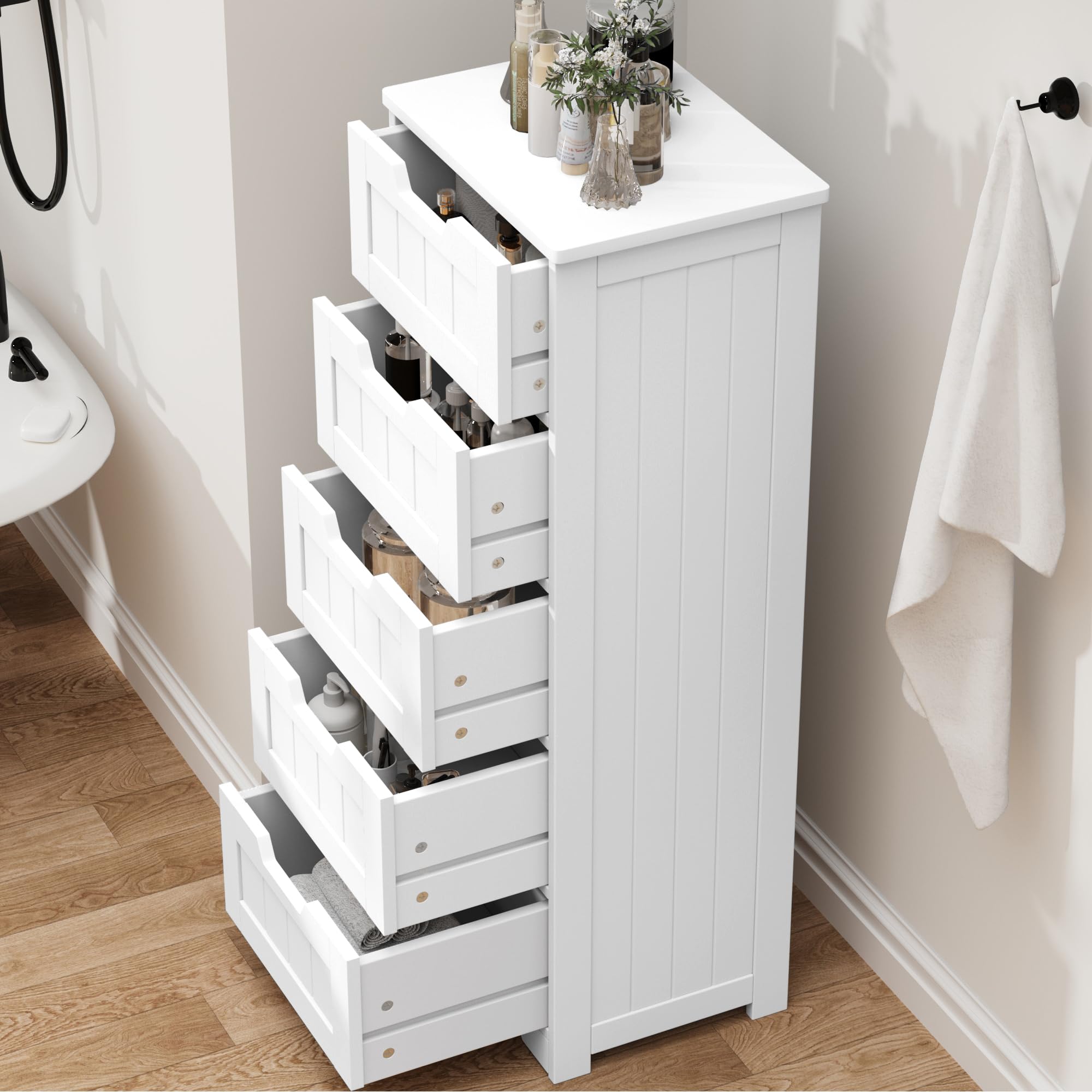 FOTOSOK Bathroom Floor Cabinet, Free-Standing Storage Cabinet with 5 Drawers, 11.8” x 15.7” x 40.1” Wooden Storage Cabinet with Cut-Out Handles, Side Tall Storage Cabinet for Bathroom, Living Room