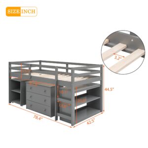 Harper & Bright Designs Twin Size Low Loft Bed with Desk and Storage Cabinet, Wooden Low Study Loft Bed with Drawers, for Kids Teens Girls Boys - Gray