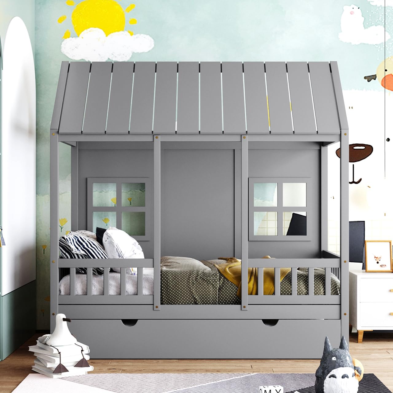 voqoomkl Twin House Bed with Pull Out Trundle, Platform Bed Frame with Roof Design and Guard Rail,Wood Playhouse Bed Twin with Support Legs for Teens Girls,Boys,No Box Spring Needed,Gray