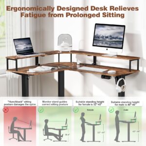 Mr IRONSTONE L Shaped Electric Standing Desk Height Adjustable Sit Stand Desk with LED Light and Power Outlet, 55" Computer Desk with Monitor Riser