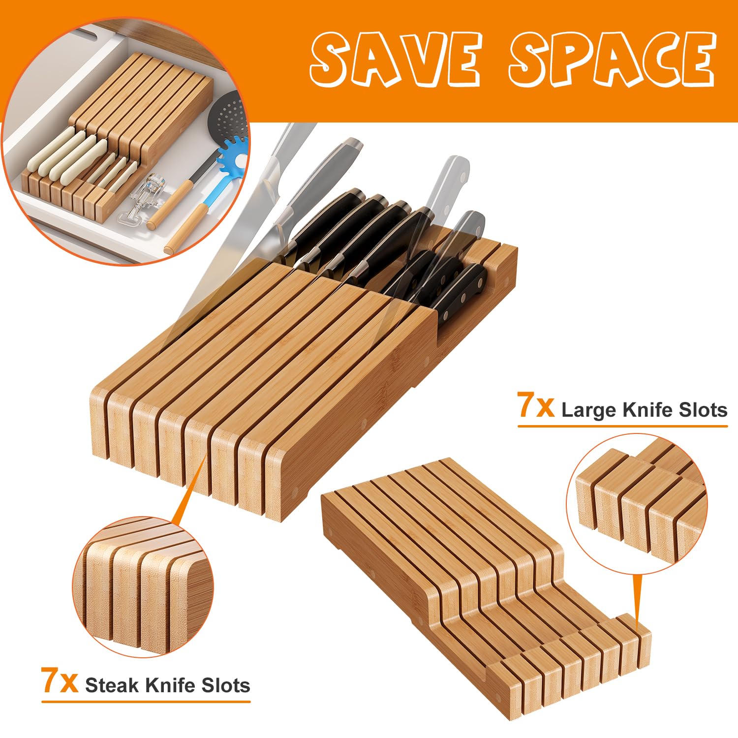 In-Drawer Bamboo knife block,Drawer Knife Storage Steak Knife Holder Without Knives,Holds up to 7 Knives(Not Include)