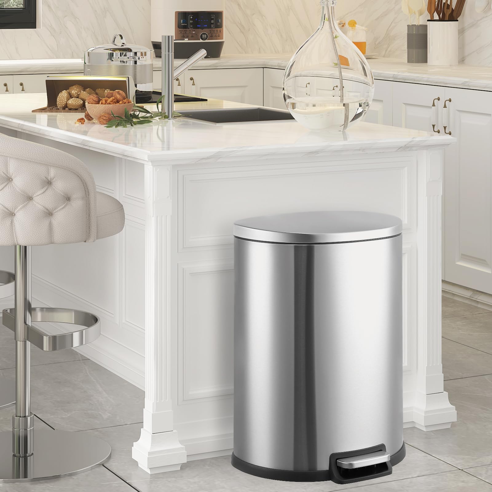 Stainless Steel 50 Liter / 13 Gallon Trash Can, Semi-Circular Steel Pedal Recycle Bin with Lid and Inner Buckets, Hands-Free Kitchen Garbage Can