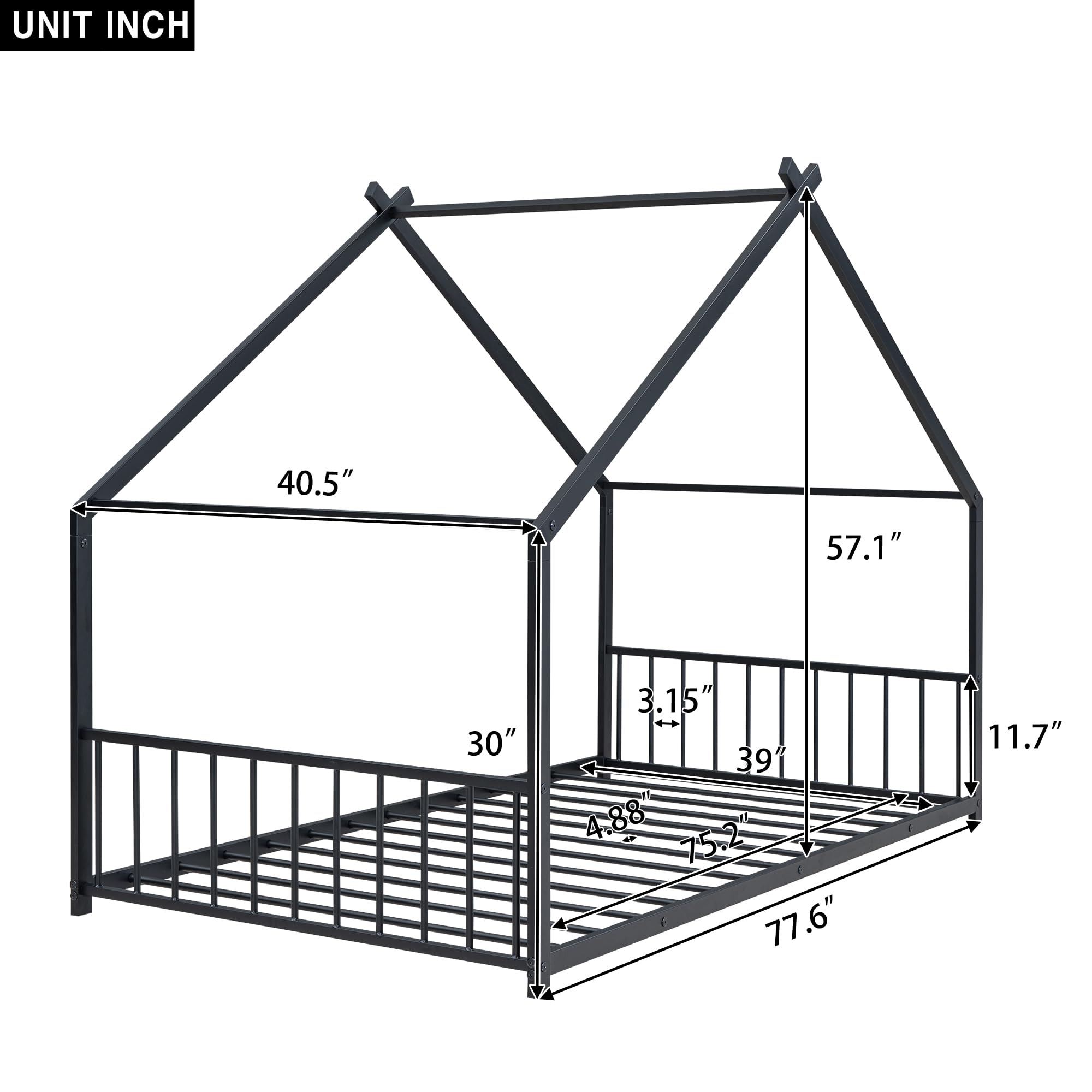 House Beds for Kids, Twin Size Floor Bed Frame Metal Montessori Beds with Headboard & Footboard for Children Boys Girls Teens, Black