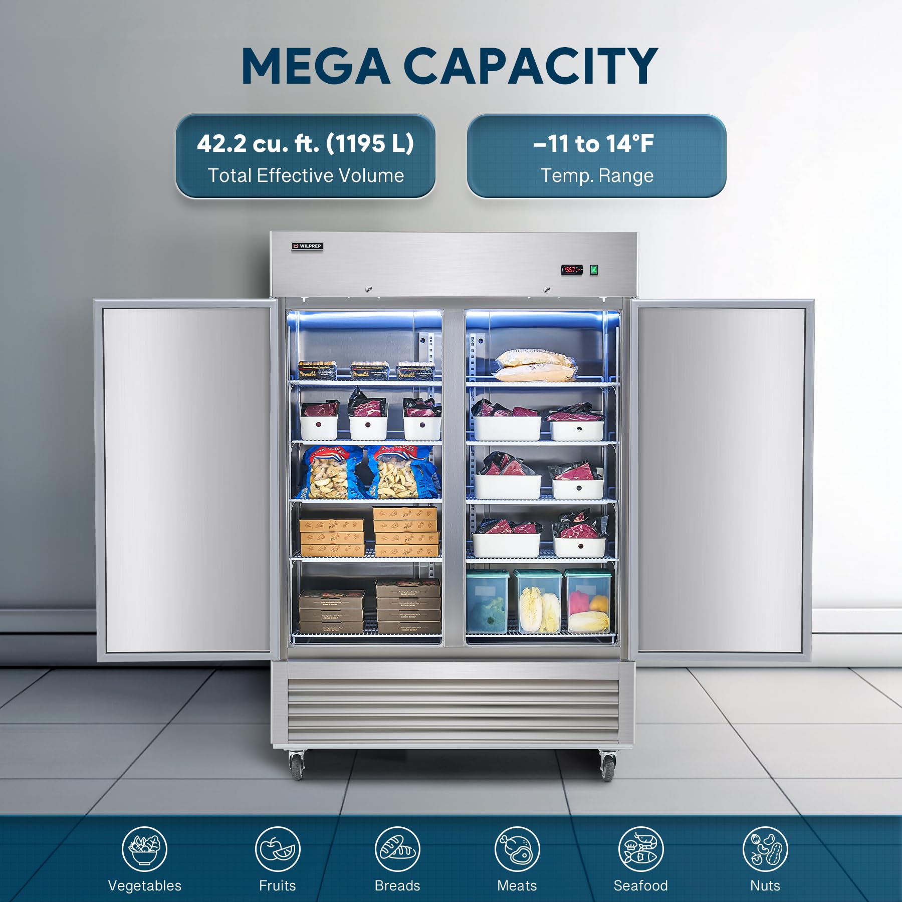 WILPREP Commercial Freezer ETL-Listed, 54" 2 Solid Door 2 Section Freezer with 42.2 cu. ft. Capacity, Stainless Steel Reach in Freezer with Air Cooling