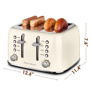 Toaster 4 Slice, Roter Mond Retro Stainless Steel Toaster with Extra Wide Slots Bagel, Defrost, Reheat Function, Dual Independent Control Panel, Removable Crumb Tray, 6 Browning Levels, Cream White