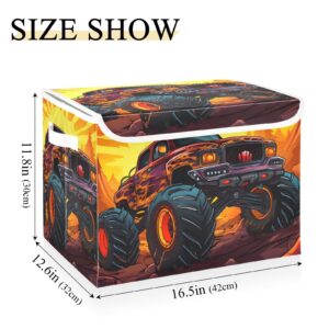 Vnurnrn Monster Truck Sports Storage Cube with Lid Collapsible, Large Capacity Foldable Storage Basket Bin Organizer 16.5×12.6×11.8 IN