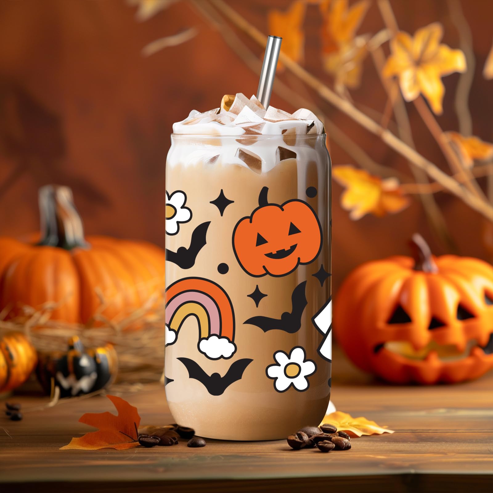 LEADO Ghost Pumpkin Halloween Cups, Iced Coffee Cup with Lid and Straw, 16 oz Fall Aesthetic Tumbler - Halloween Gifts for Women, Spooky Fall Gifts, Halloween Boo Basket Gifts for Her, Friends